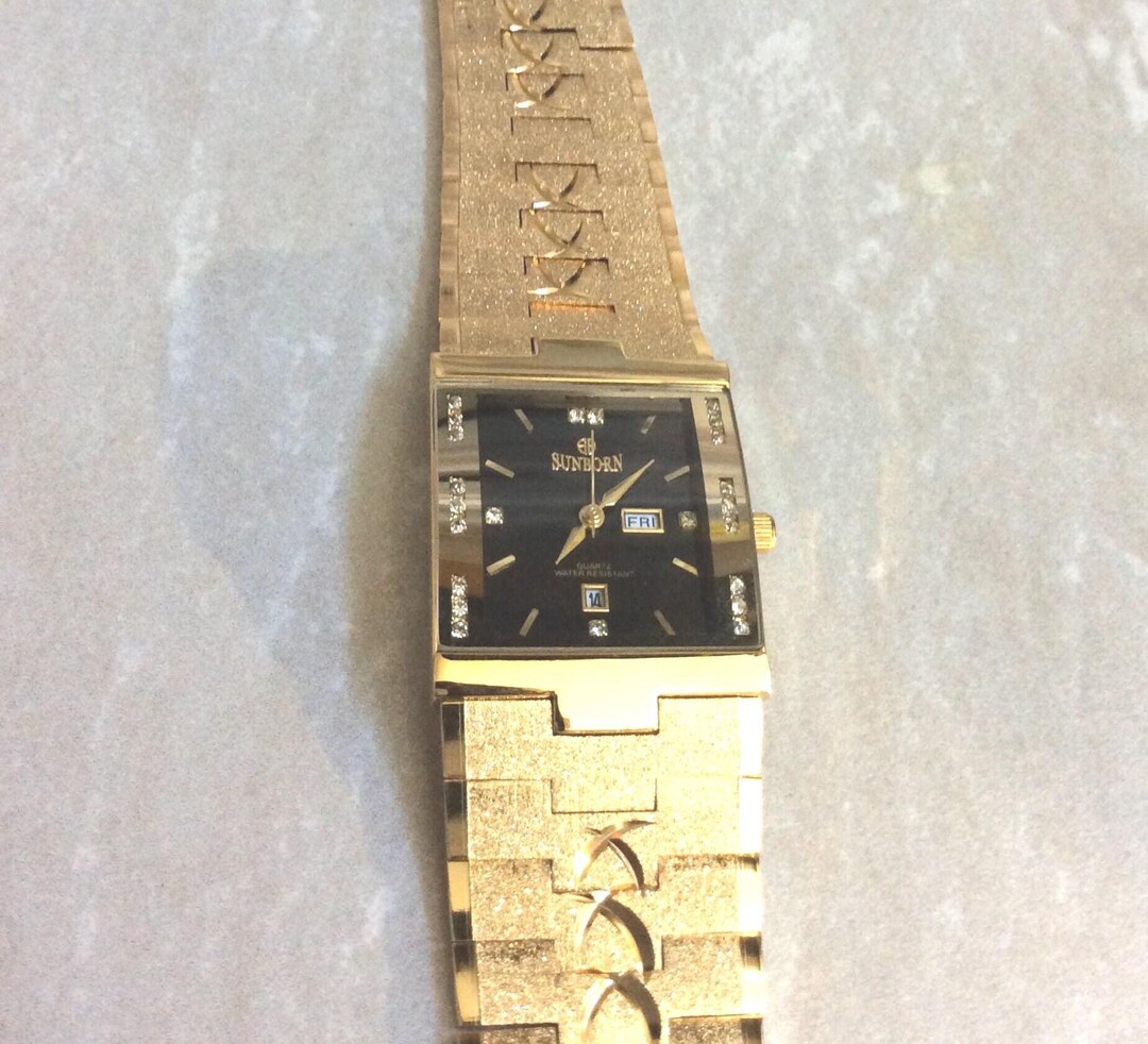 SUNBORN Gold Crystal Men's Watch Rectangle Black Dial Day & Date on a ...
