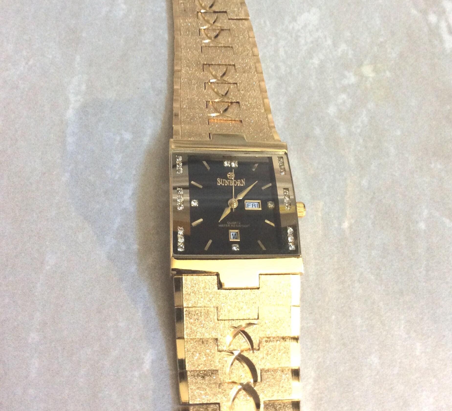 SUNBORN Gold Crystal Men's Watch Rectangle Black Dial Day & Date on a ...
