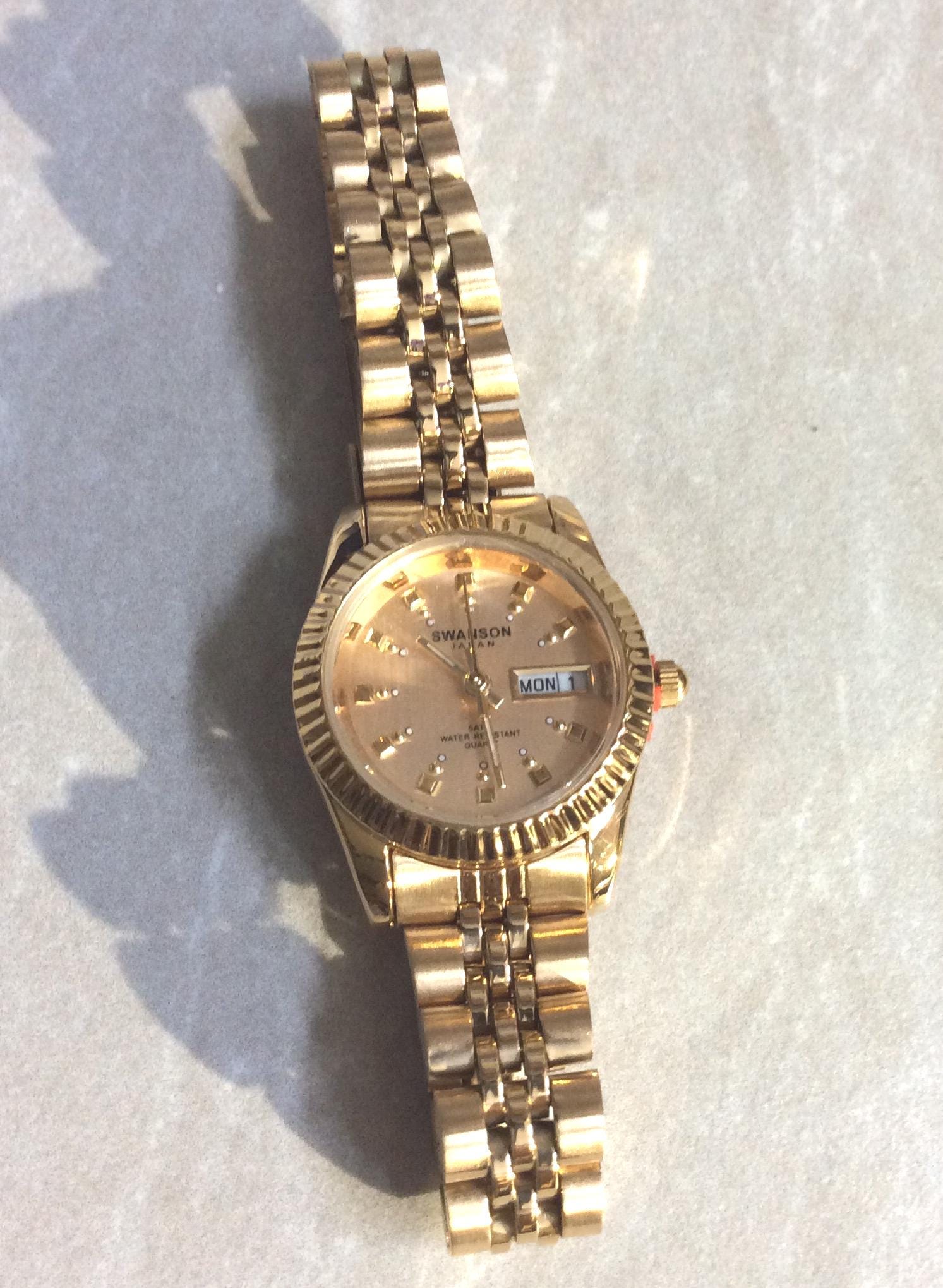 SWANSON Women's Watch Round Gold Dial Unique Hour Markers Day & Date on ...