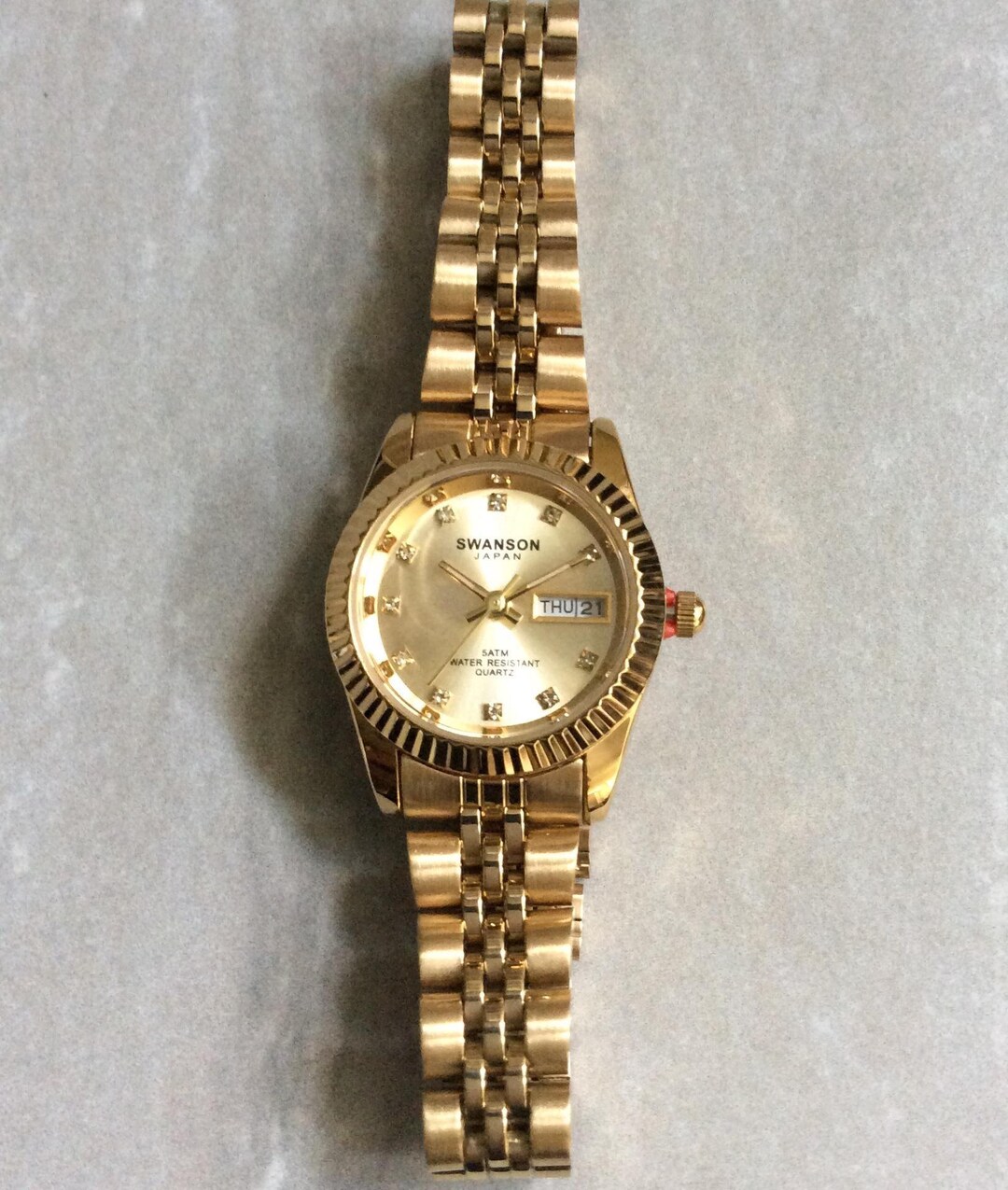 SWANSON Gold Women's Watch Round Gold Dial Crystal Hours Day & Date on ...