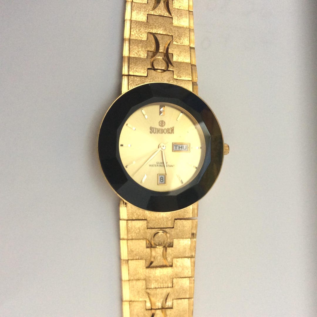 Sunborn Men's Watch Round Gold Day & Date Dial Engraved Linked Band New ...