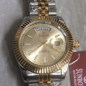 SUNBORN Men's Watch Round Gold Dial Day and Date Indicators Index Hour ...