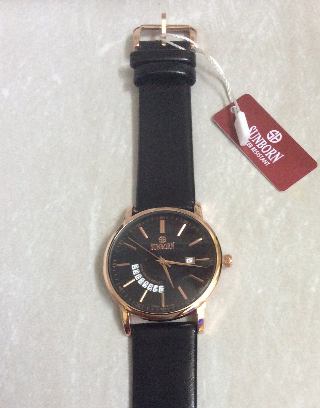 Sunborn Men's Watch Round Black Dial Index Hour Markers Day and Date ...