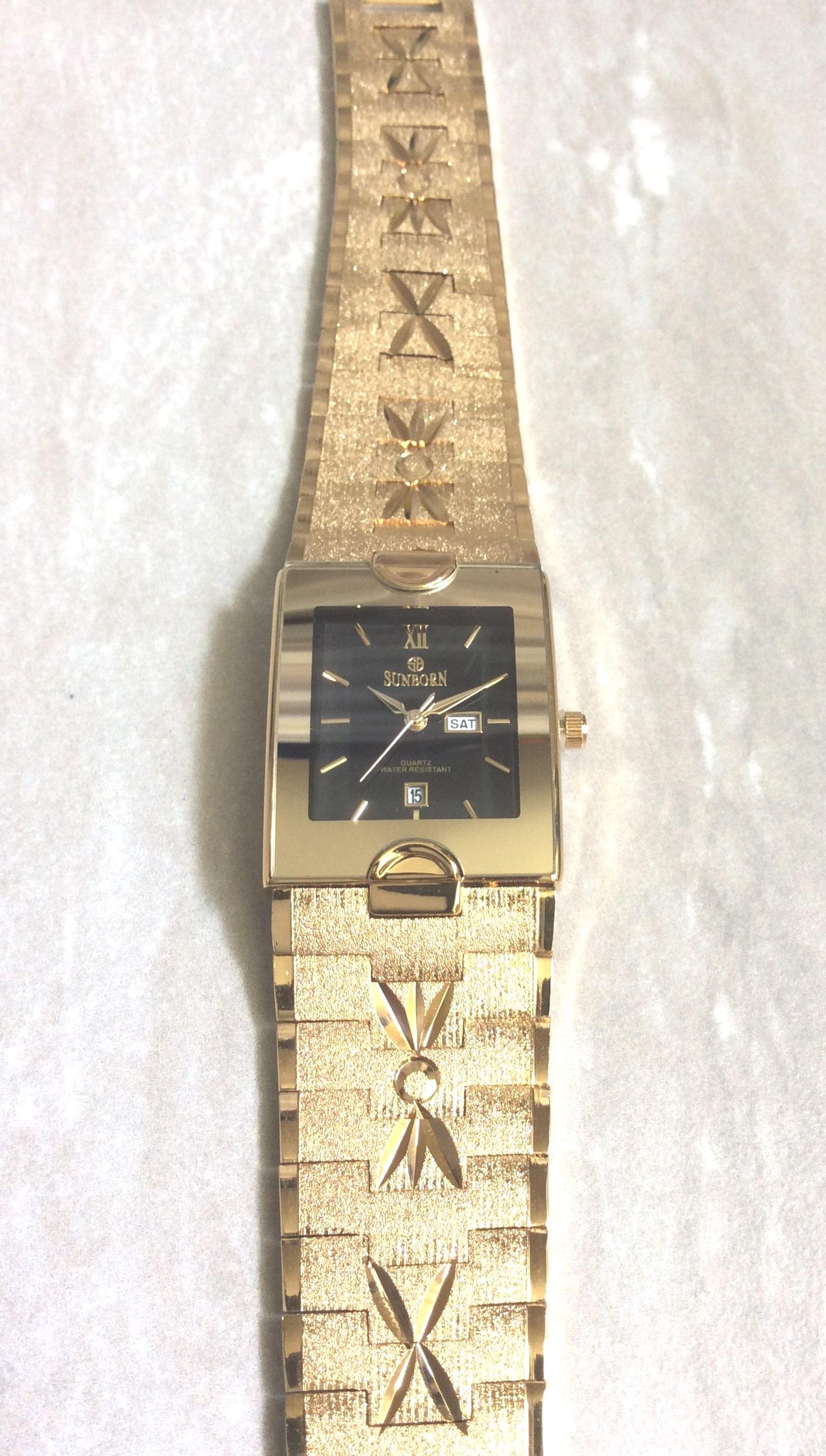 Sunborn Men's Gold Watch Rectangle Black Dial Gold Index Hours Day ...