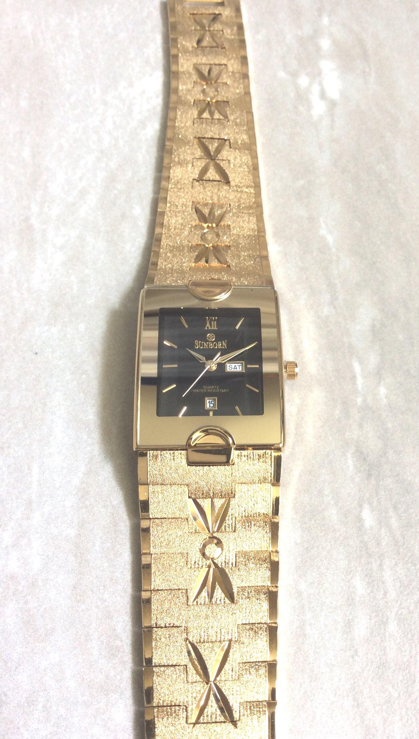 Sunborn Men's Gold Watch Rectangle Black Dial Gold Index Hours Day ...