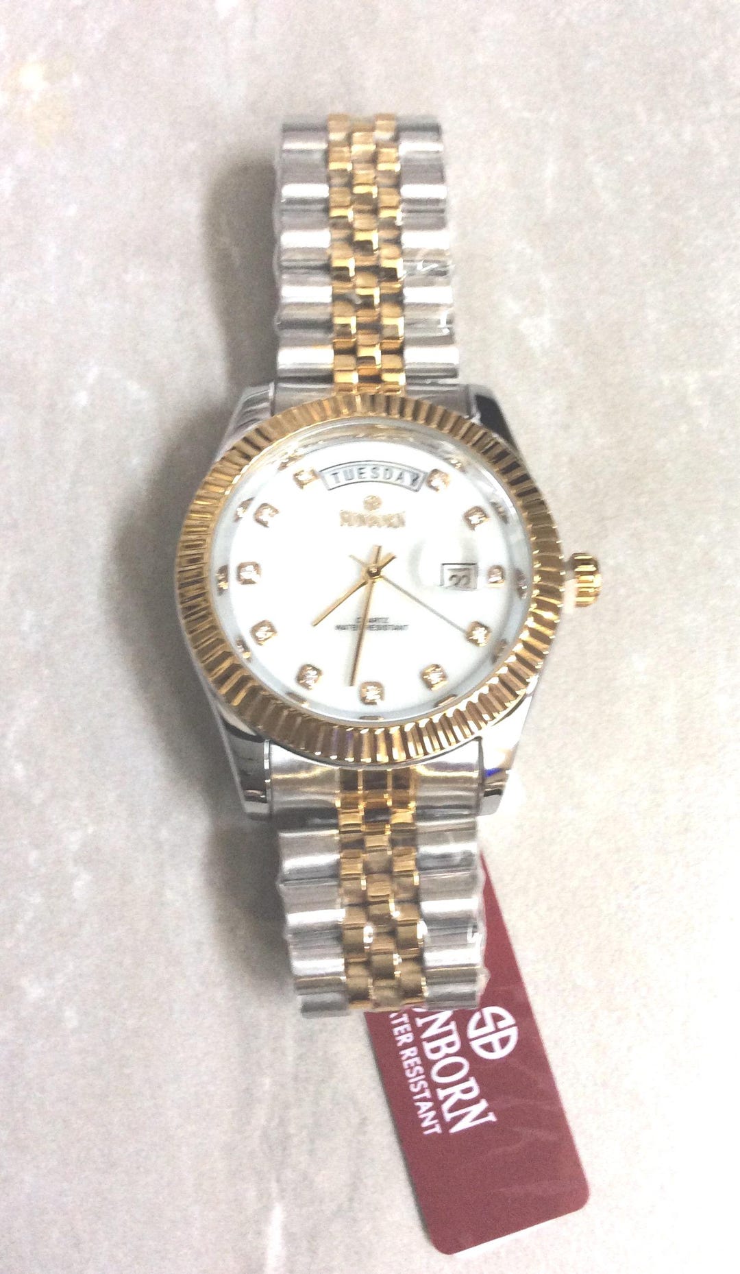 SUNBORN Two-tone Men's Watch Round Pearl Dial Crystal Hours Day & Date ...