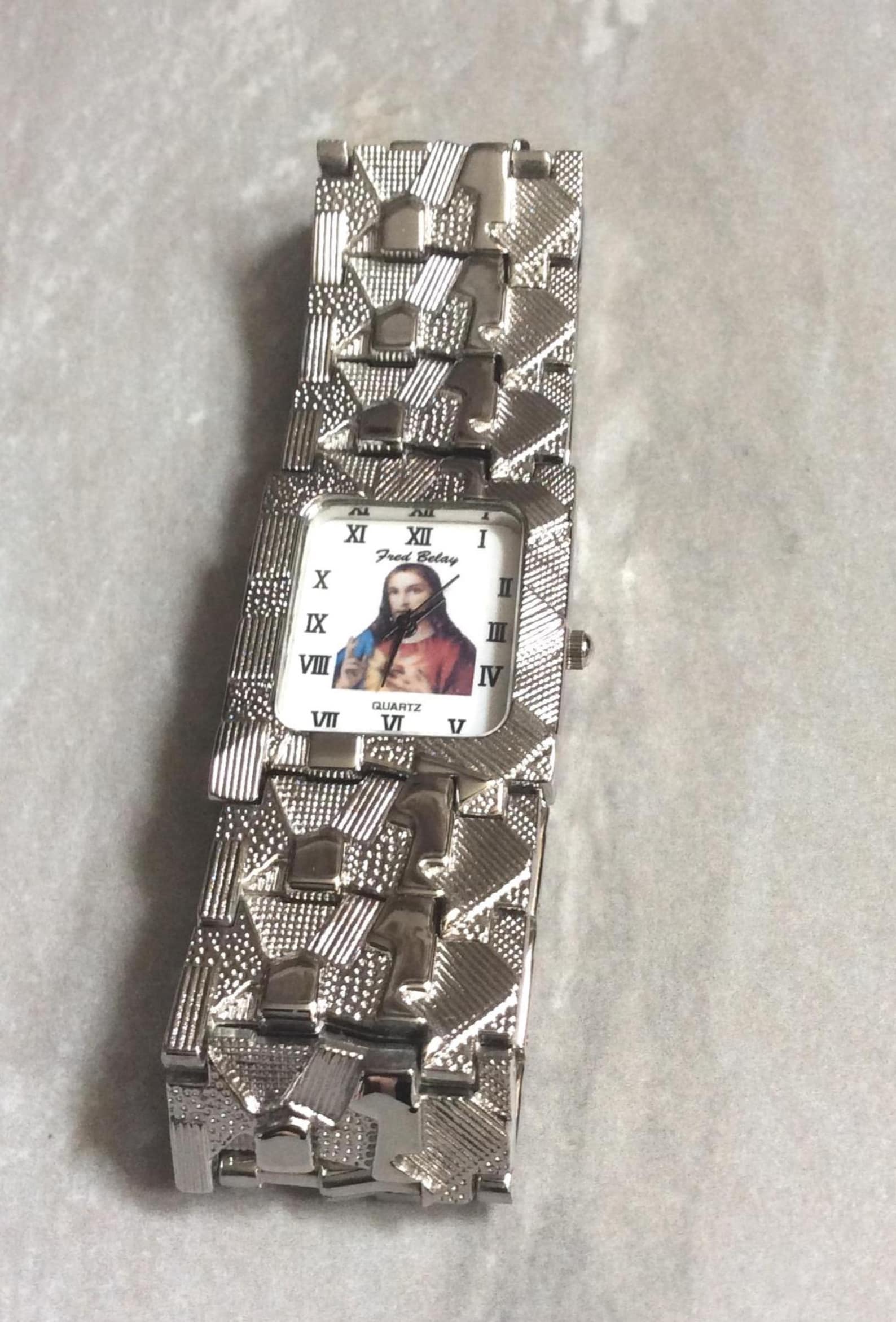 Fred Belay Silver Men's Religious Watch Rectangle Jesus White Dial ...