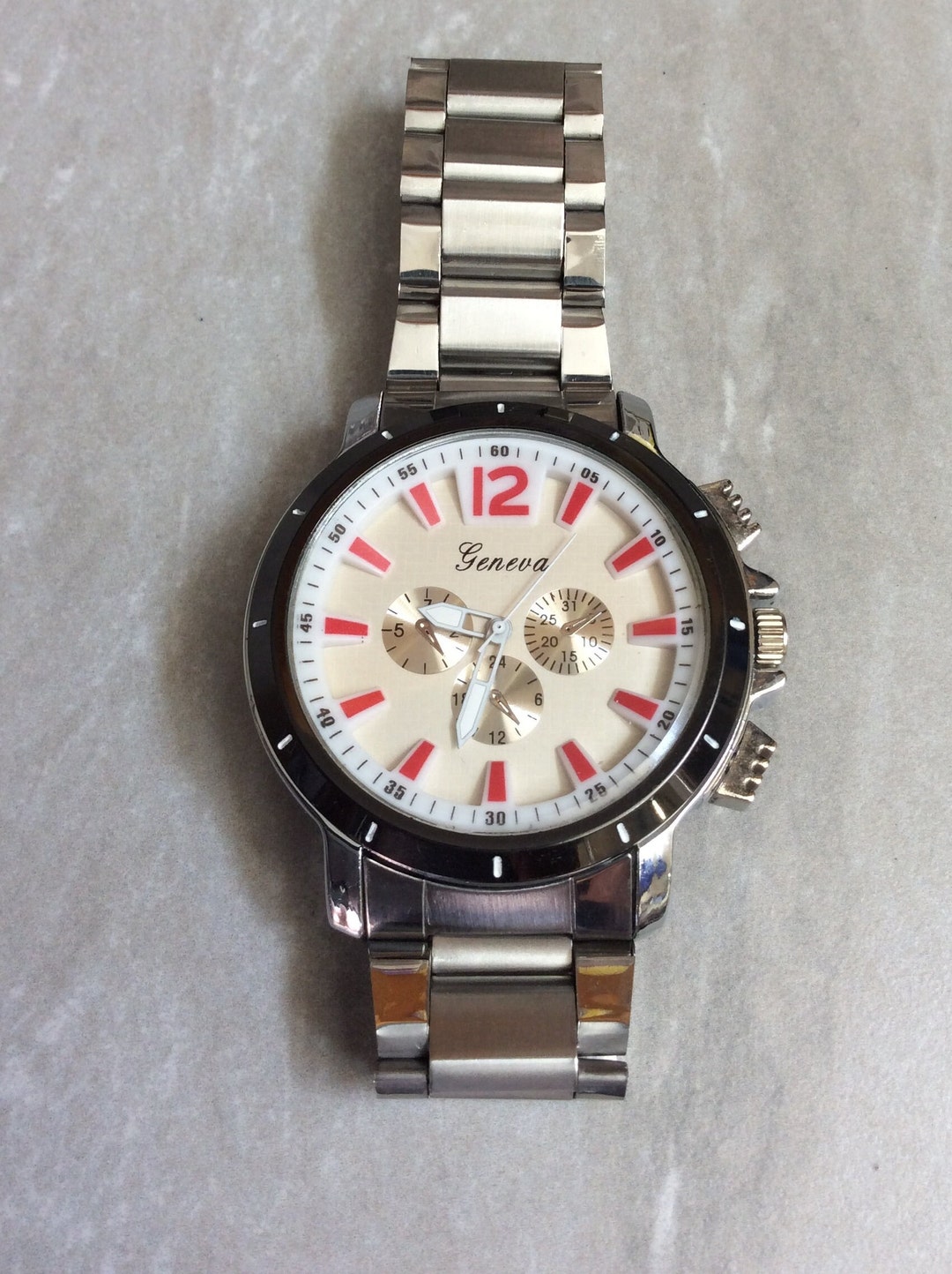 Geneva Men's Watch Black Bordered Round White Dial Red Index Hour ...