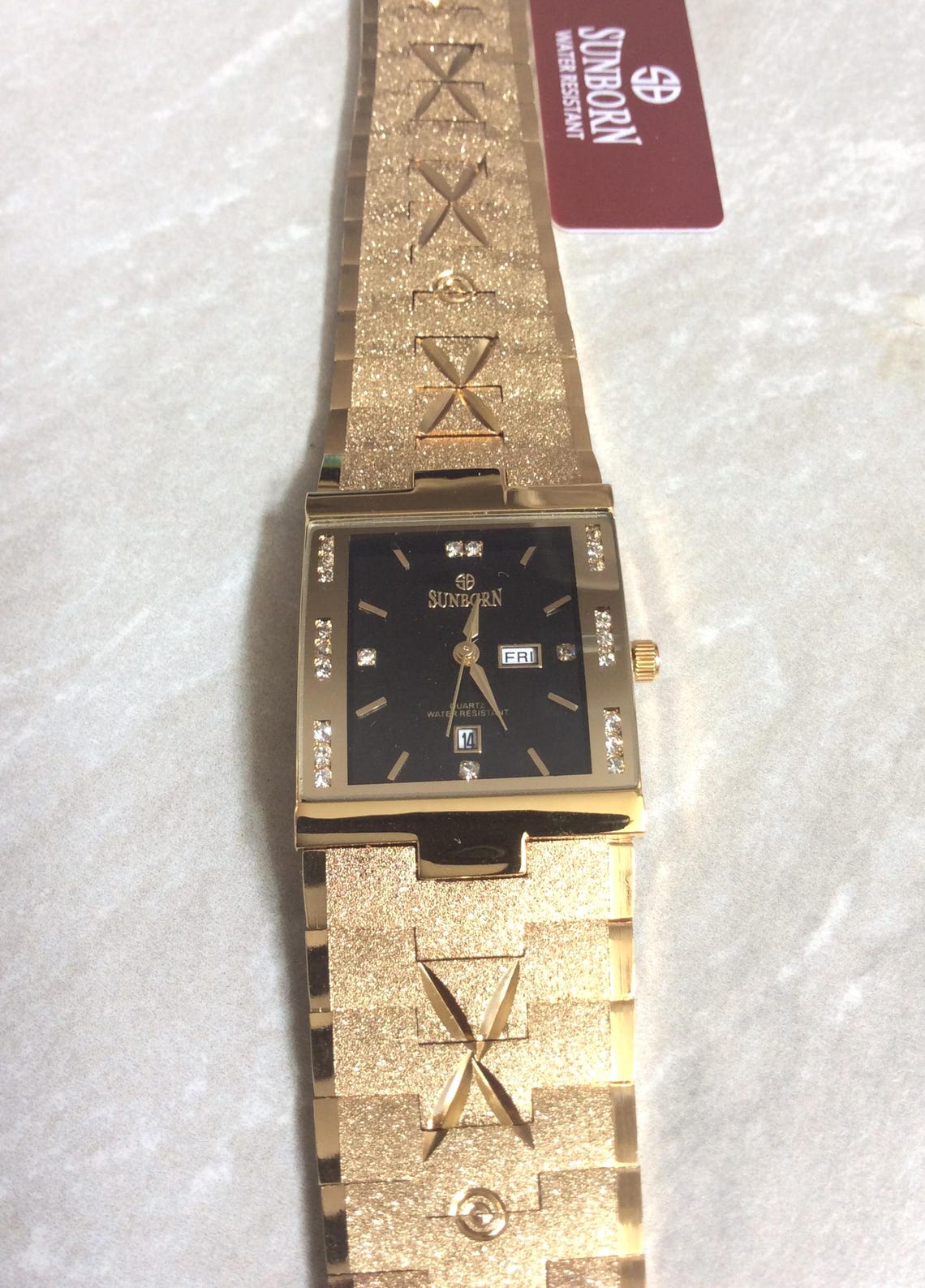SUNBORN Men's Crystal Watch Rectangle Black Dial Day & Date on ...