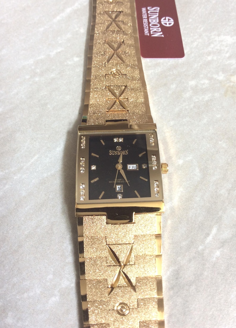 SUNBORN Men's Crystal Watch Rectangle Black Dial Day & Date on ...