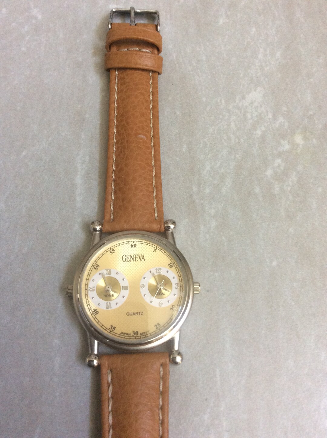Geneva Women's Watch Two Time Zones Round Gold Dial on Brown Leather ...