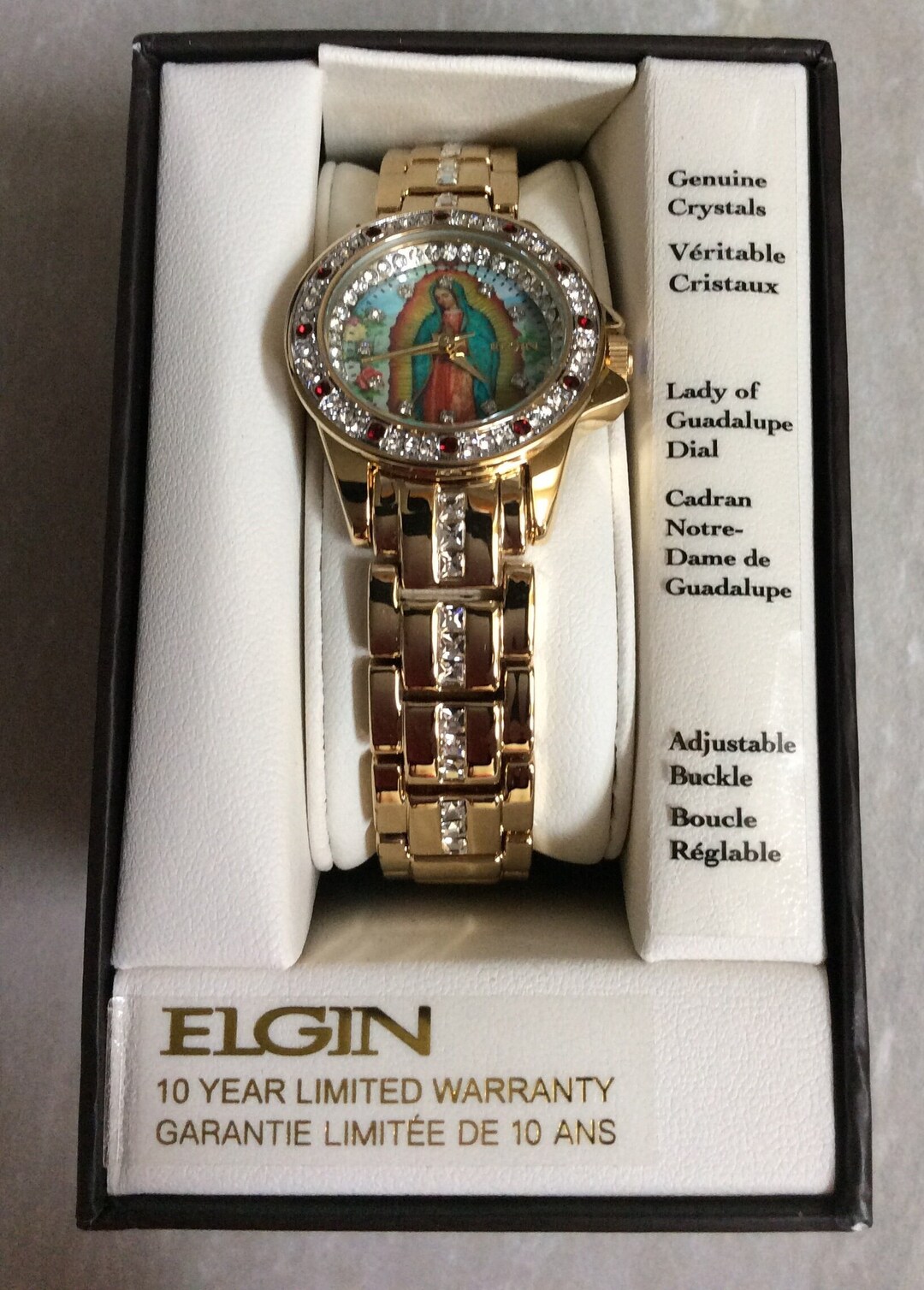 ELGIN Crystal Gold Religious Watch Round Lady of Guadalupe Dial on Gold ...