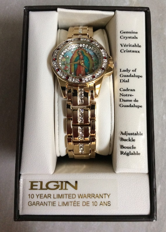 ELGIN Crystal Gold Religious Watch Round Lady of Guad… - Gem