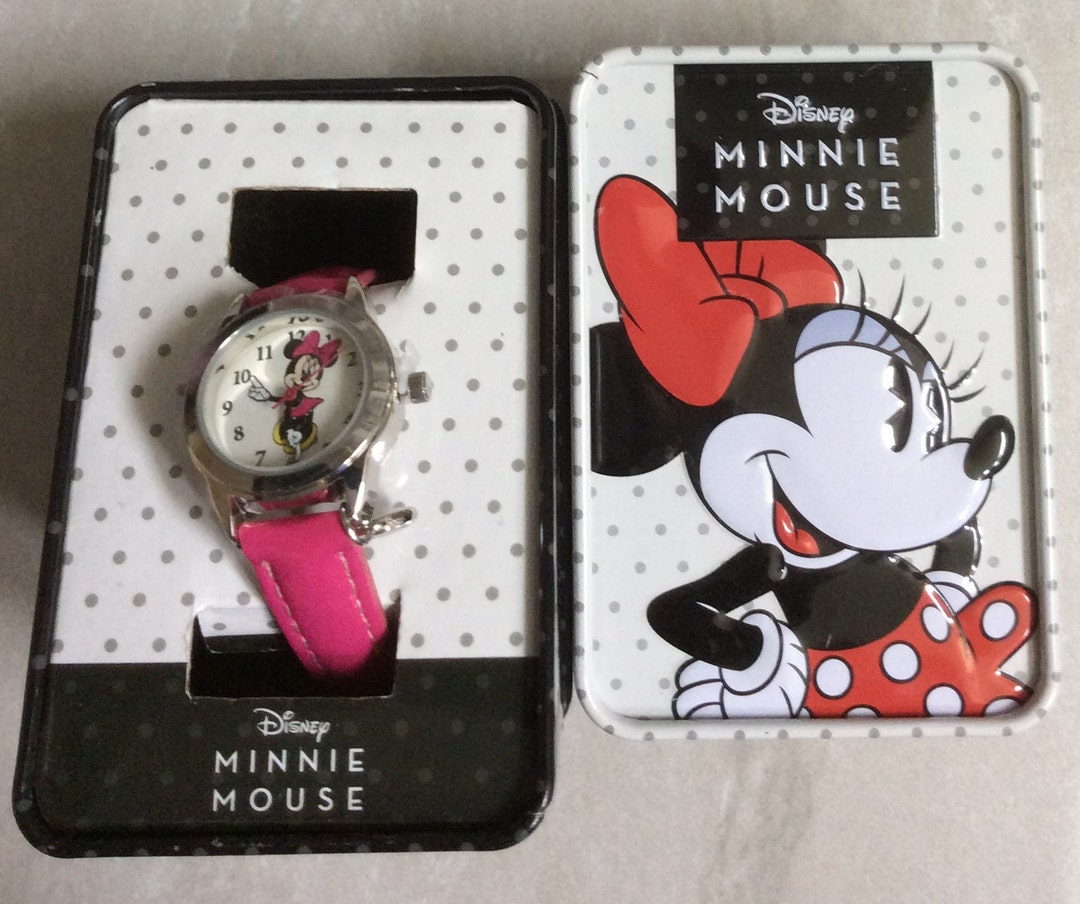 DISNEY Minnie Mouse Watch With Charm Heart Round White Dial Molded ...