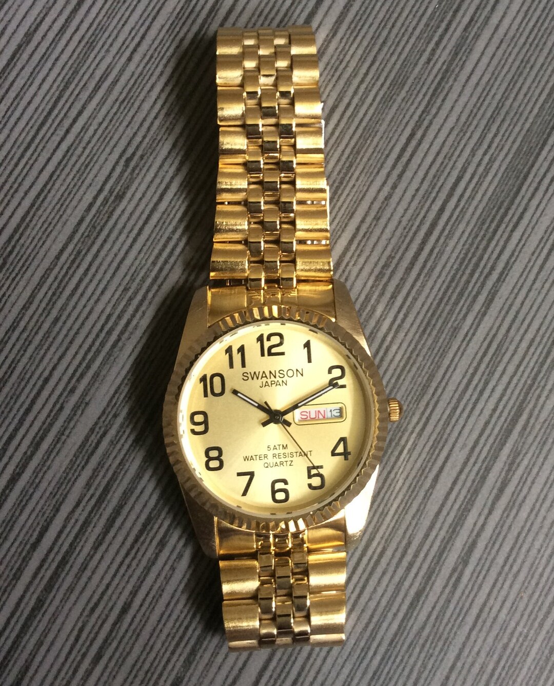 Swanson Men's Watch Round Gold Dial Black Arabic Numbered Hours Day ...