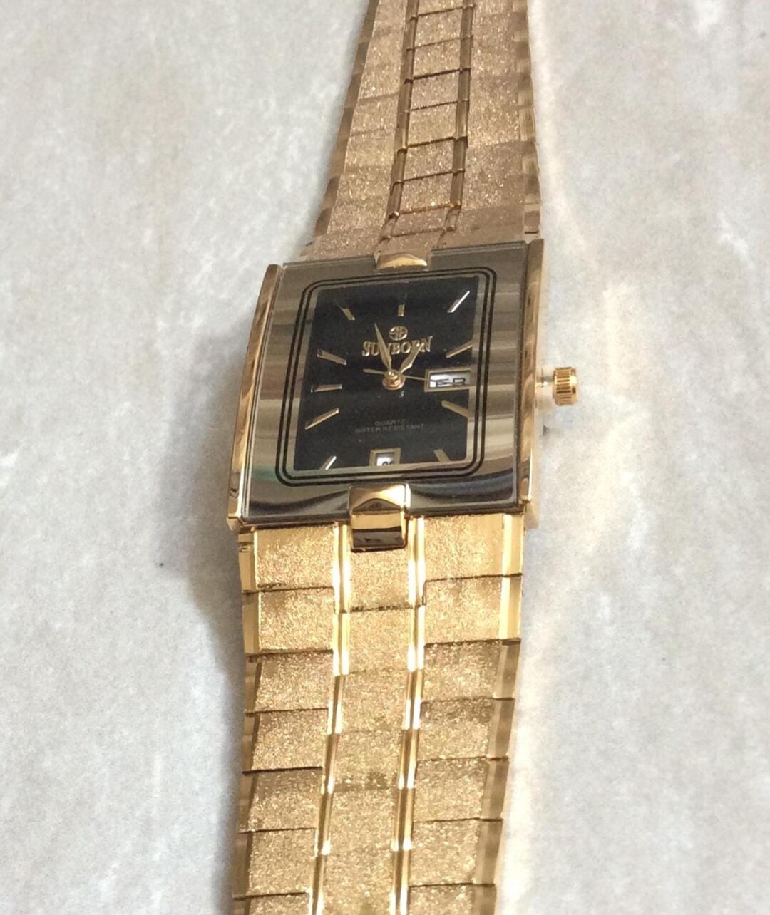 SUNBORN Men's Watch Rectangle Black Dial Date & Date on Gold Engraved ...