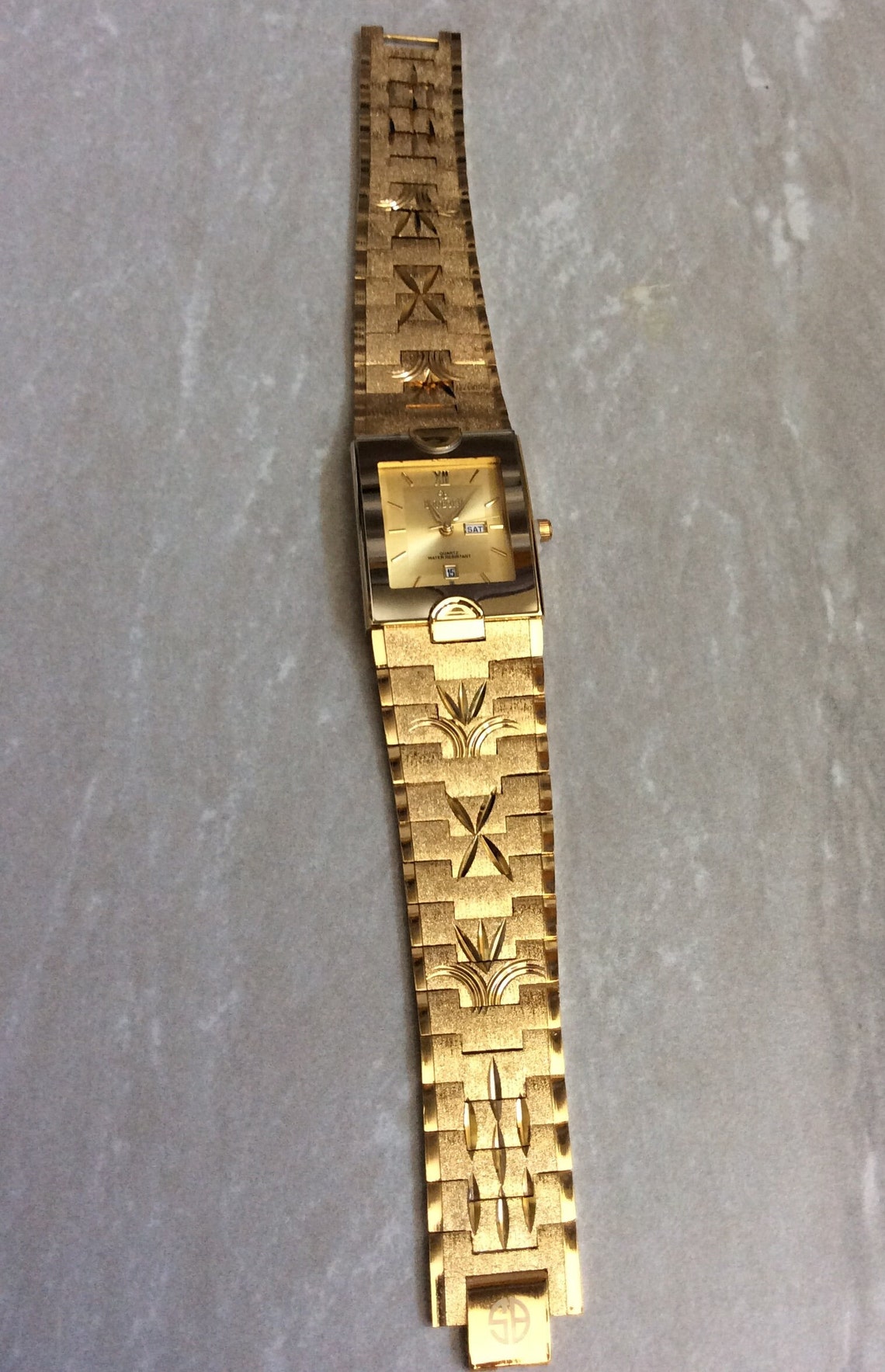 SUNBORN Men's Gold Dress Watch Rectangle Gold Dial Index Hours Day and ...