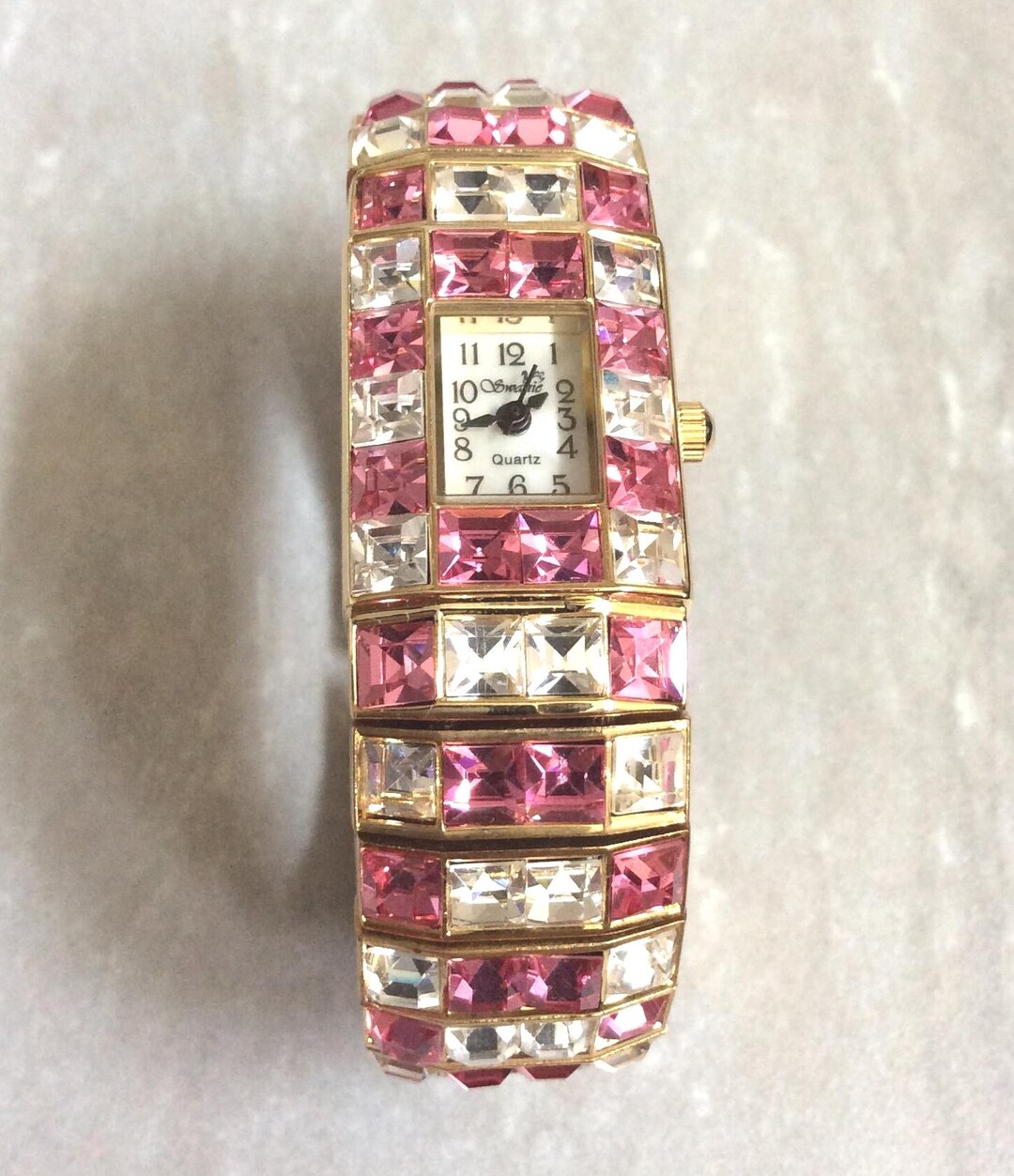 Geneva Pink & White Crystal Gold Bangle Watch New Unused Vintage Item ...