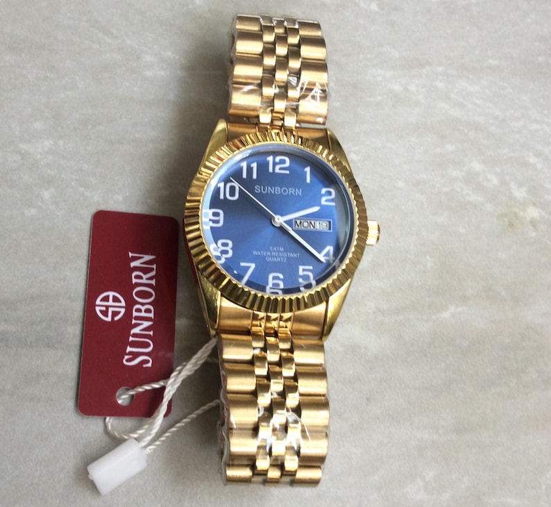 SUNBORN Men's Watch Round Blue Day & Date Dial White Numbered Hours on ...