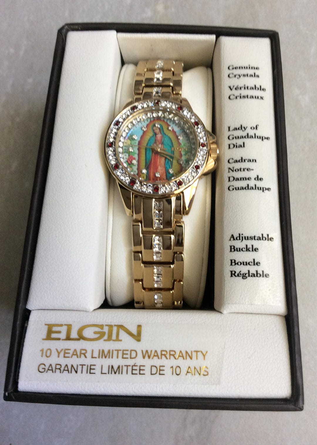 ELGIN RELIGIOUS Women's Crystal Watch Round Colorful Lady of Guadalupe ...