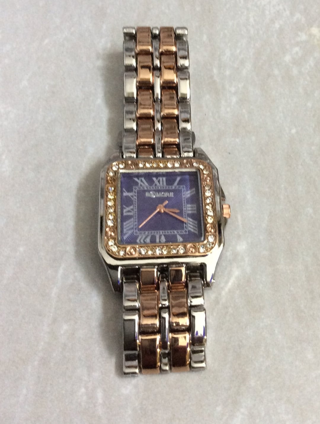 Women's Two-tone Crystal Square Watch Having a Blue Dial Index Hours on ...