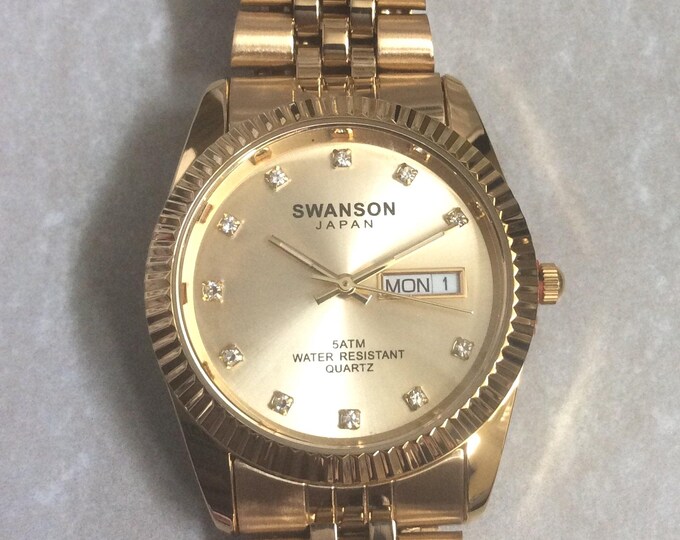 Swanson Gold Men's Watch Round Gold Dial Crystal Hour Markers on a Gold ...