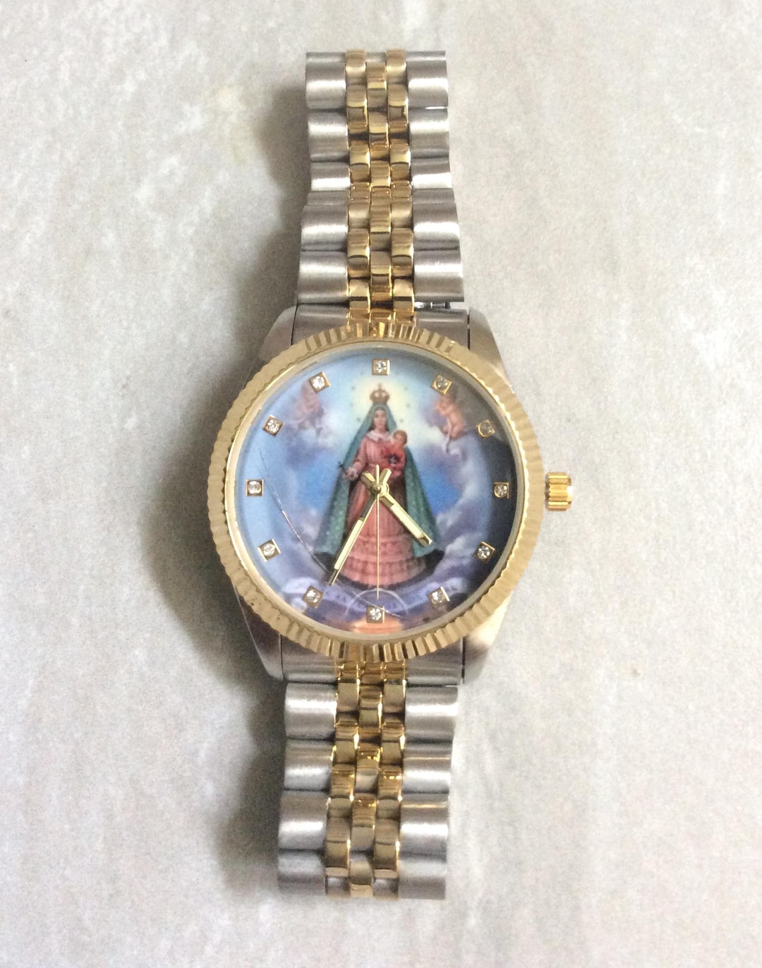 MIYKON Men's Two-tone Religious Watch Mother Mary & Baby Jesus Crystal ...