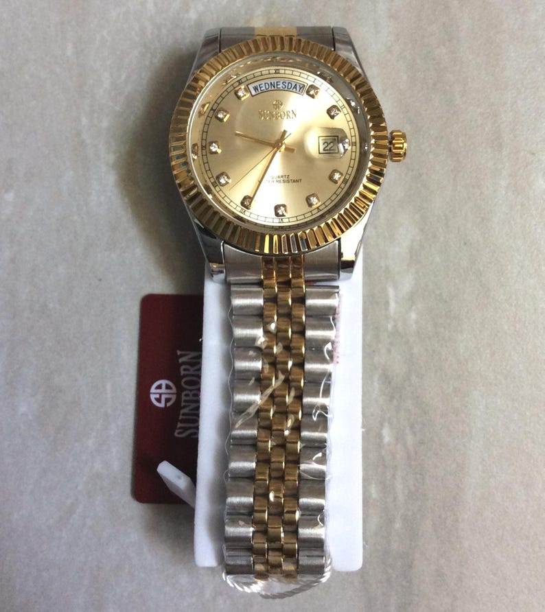 SUNBORN Men's Watch Round Gold Dial Crystal Hours With Day & Date on ...