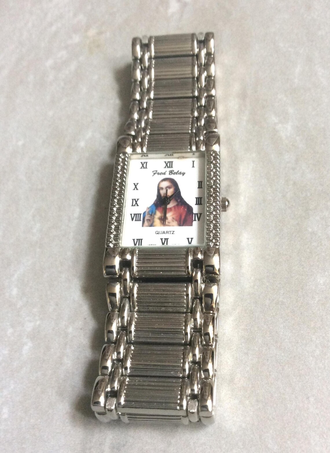 Fred Belay Silver Men's Religious Watch Having a Rectangle White Jesus ...
