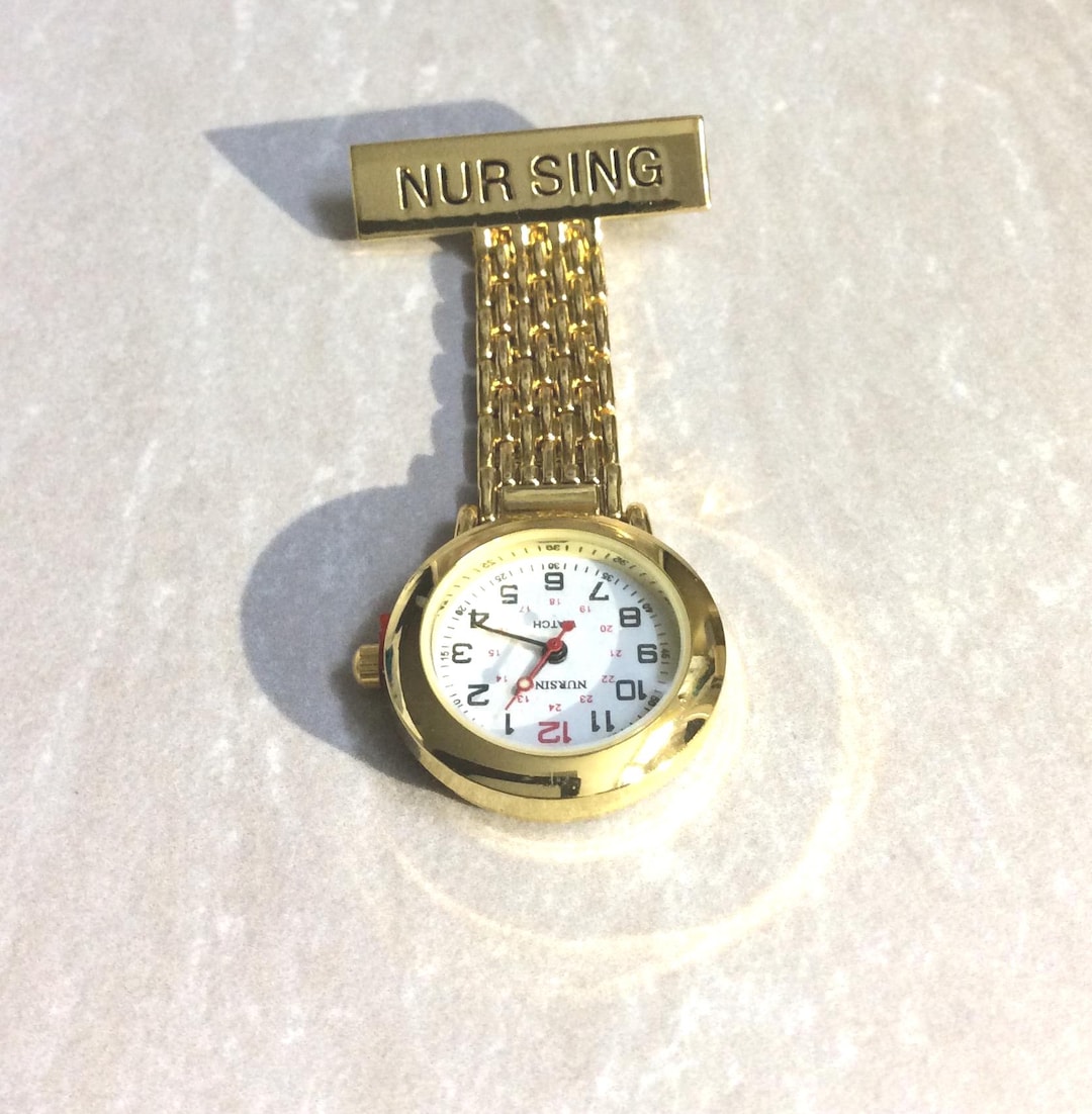 NURSING Gold Nurse's Pin-on Watch Round White 12/24 Hours Dial ...