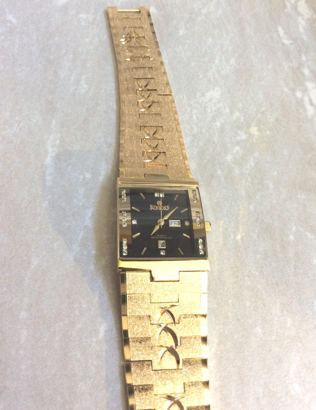 SUNBORN Gold Crystal Men's Watch Rectangle Black Dial Day & Date on a ...