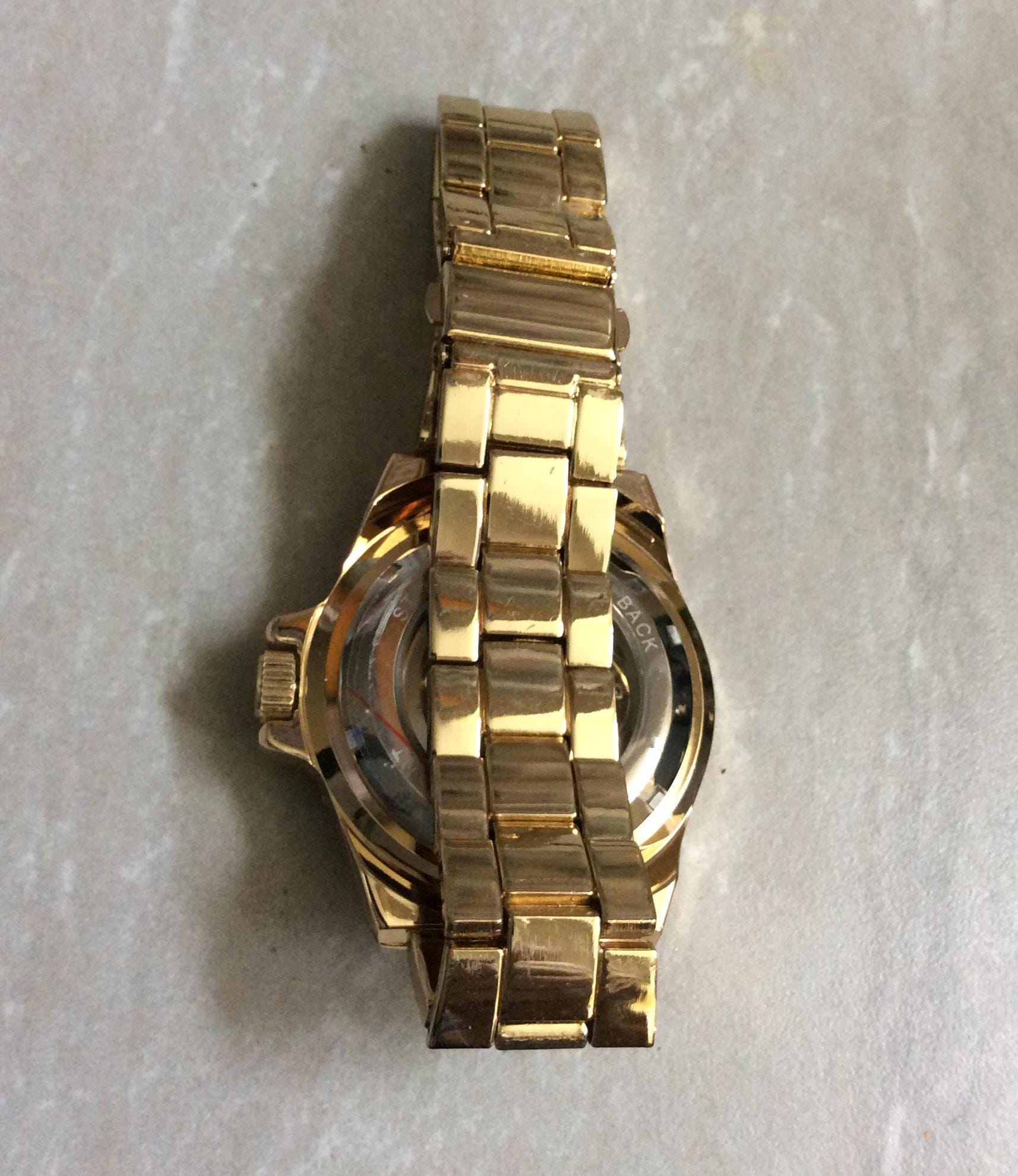 GENEVA AUTOMATIC Gold Men's Watch Round Gold Crystal Accented Date Dial ...