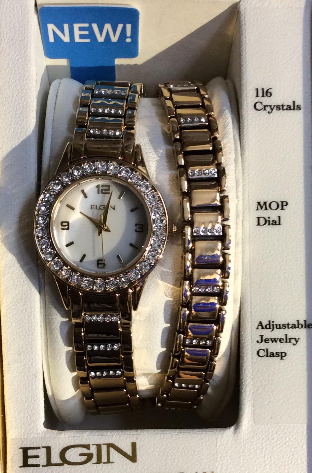ELGIN Women's Gold Crystal Watch Set Having a Round Pearl Dial Numbered ...