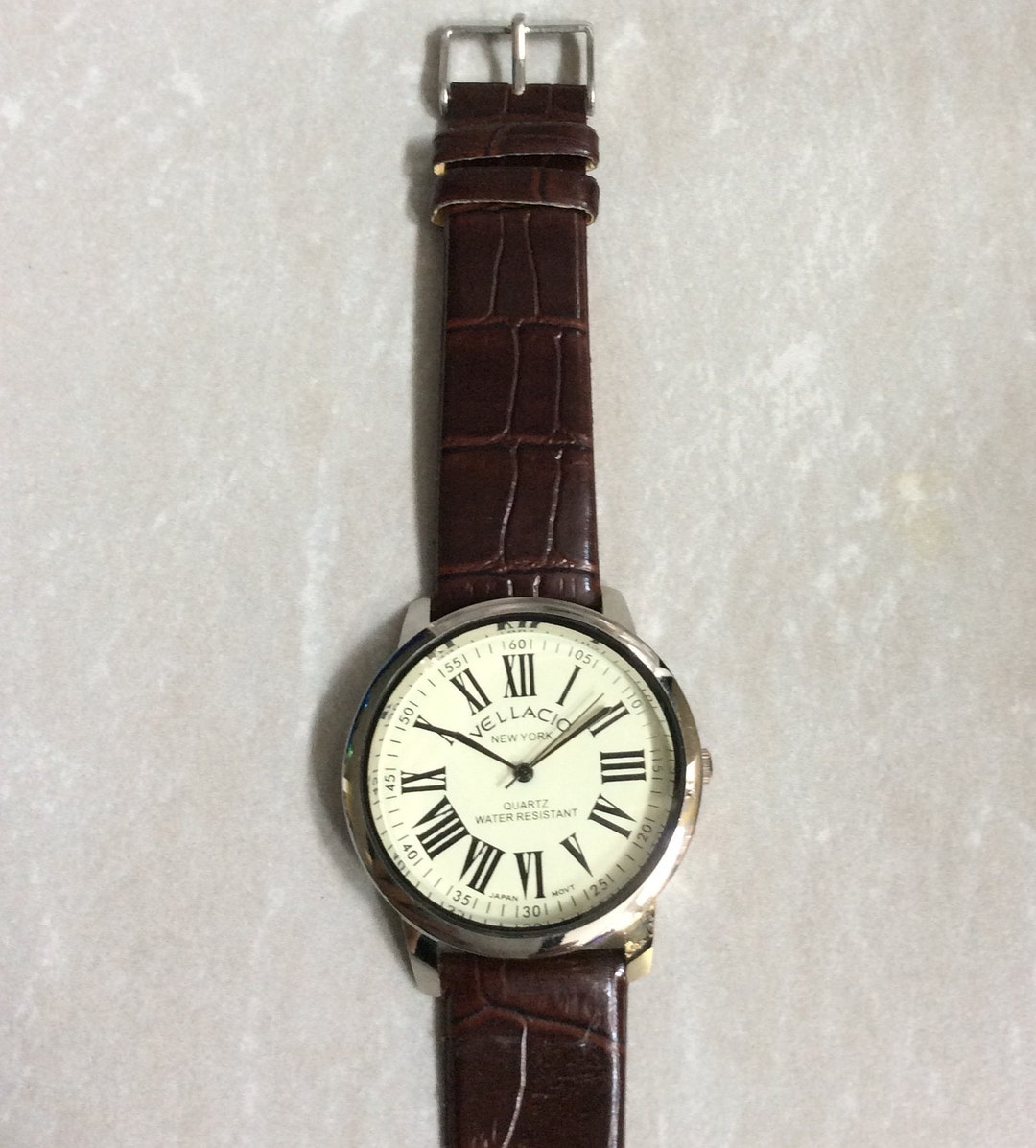 VELLACIO Men's Silver Watch Round Beige Dial Large Roman Numeral Hours ...