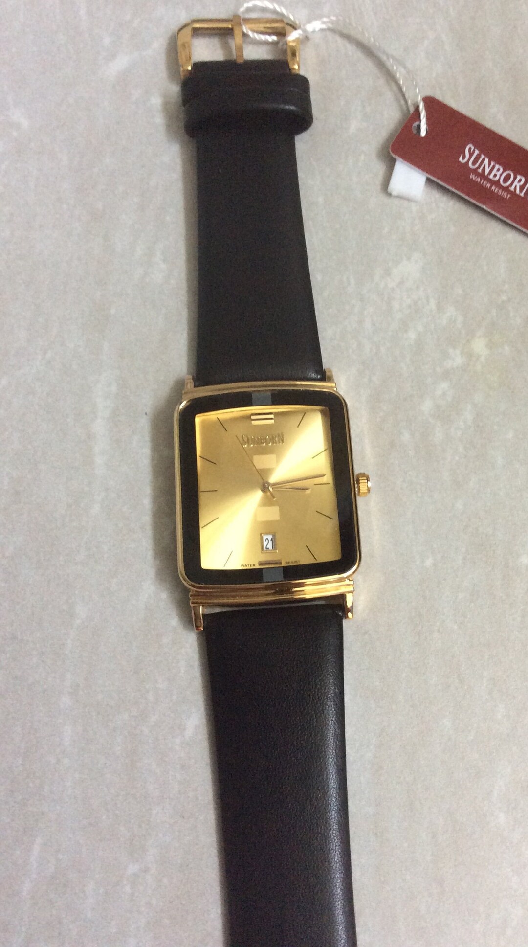 SUNBORN Men's Gold Watch Black Border Rectangle Gold Dial Index Hours ...