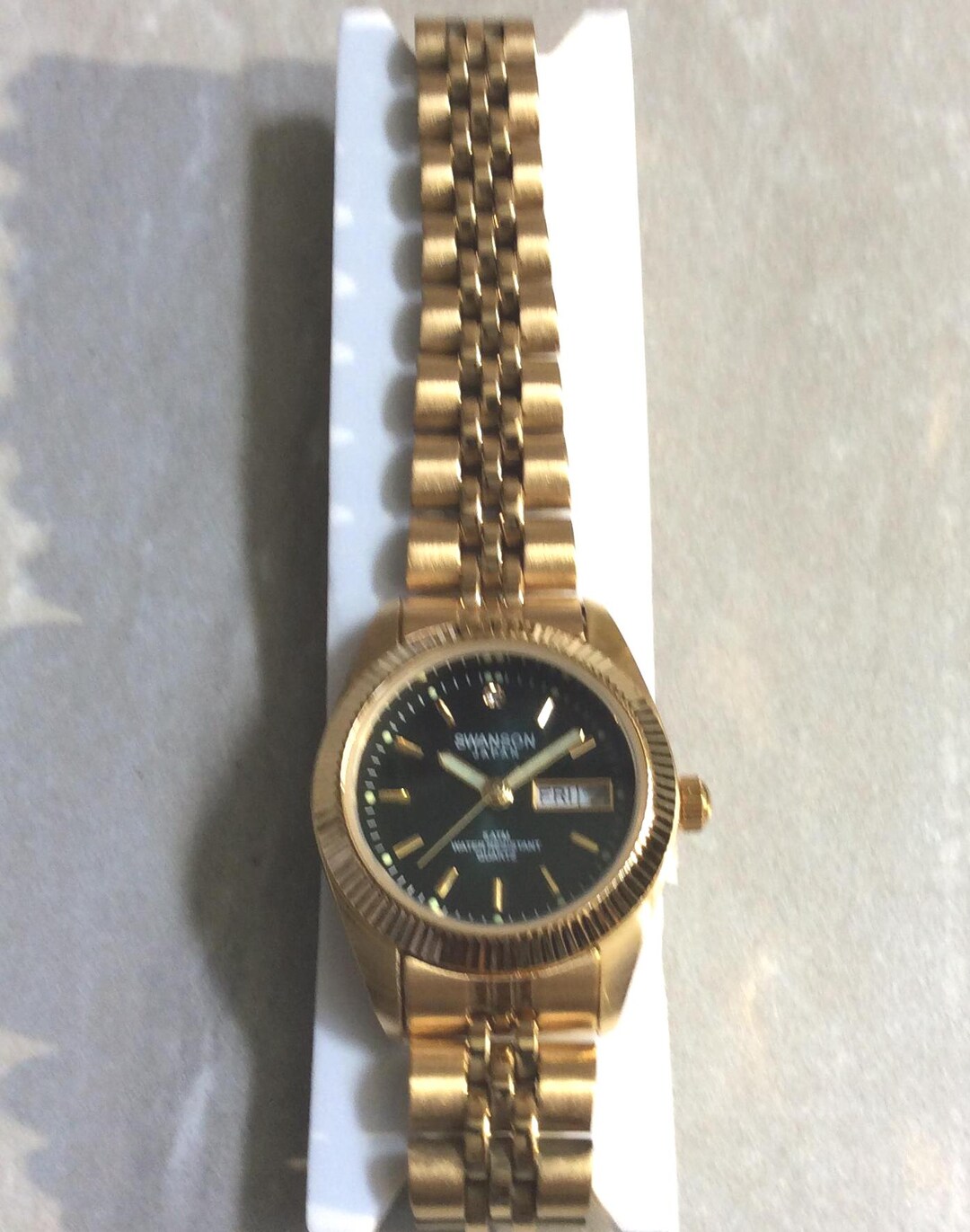 SWANSON Women's Watch Round Green Dial Gold Index Hours Day & Date All ...
