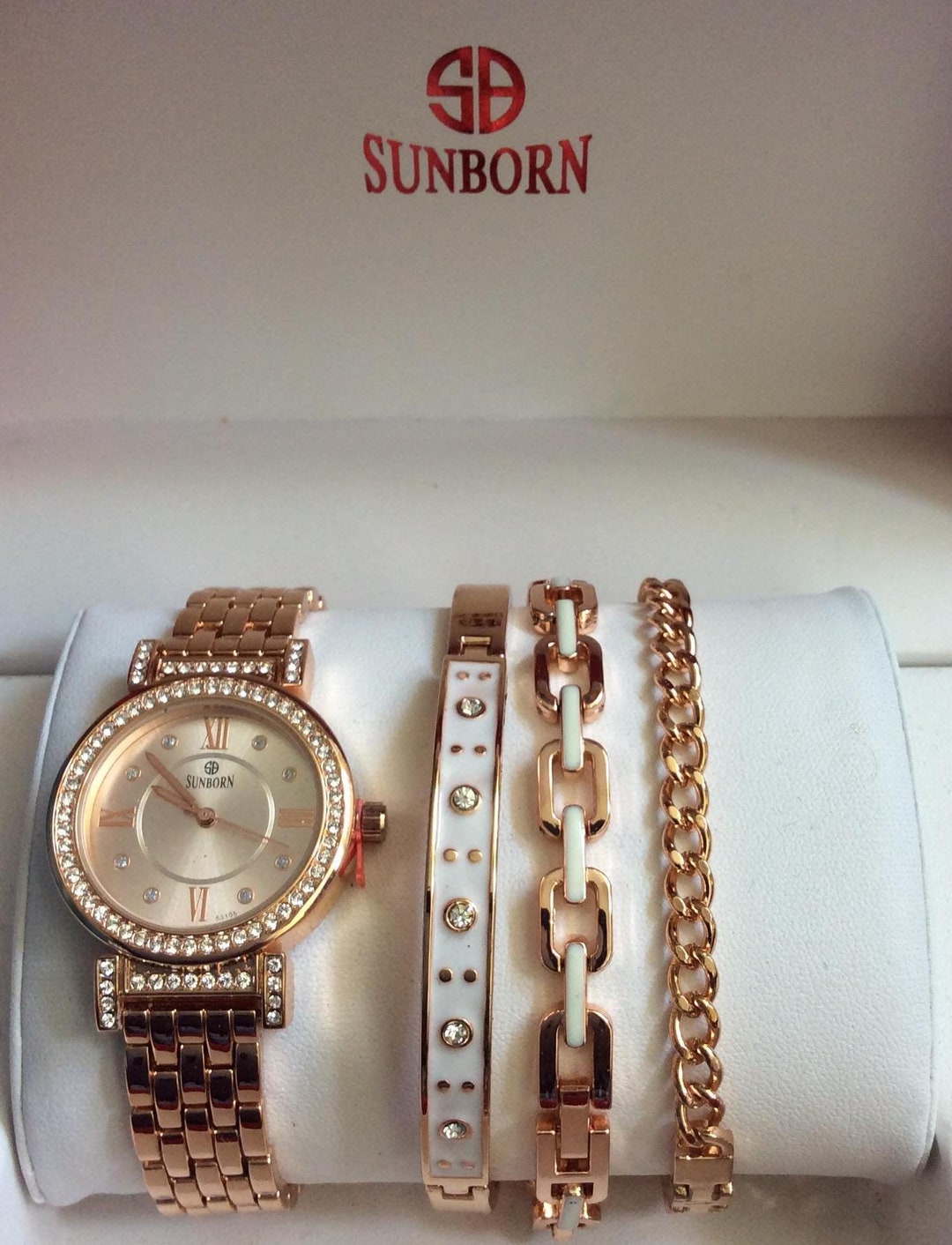 SUNBORN Women's Rose Gold Crystal Watch & (3) Bracelets Set High ...