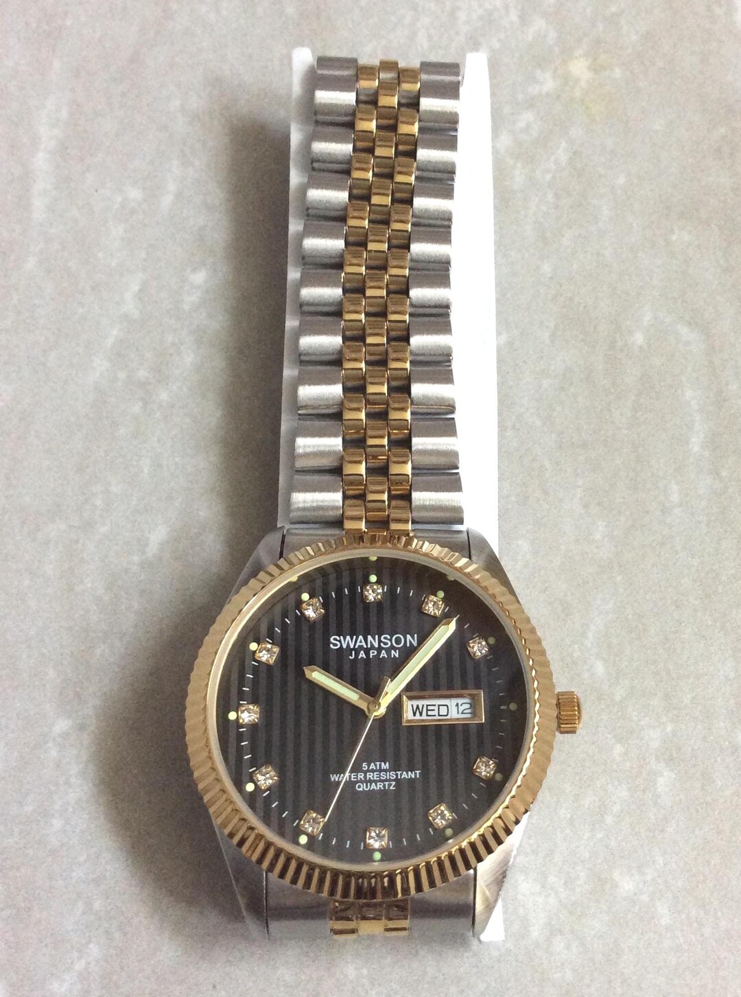 SWANSON Men's Watch Round Black Dial Crystal Hour Day & Date Markers on ...