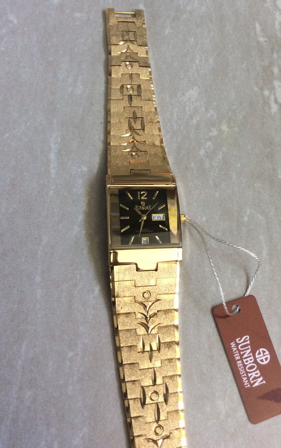 SUNBORN Men's Gold Watch Rectangle Black Dial Day & D… - Gem