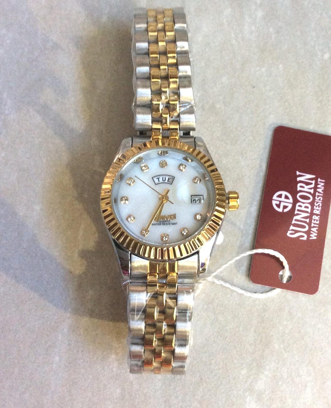 SUNBORN Two-tone Women's Watch Round Pearl Dial Crystal Hours Day ...