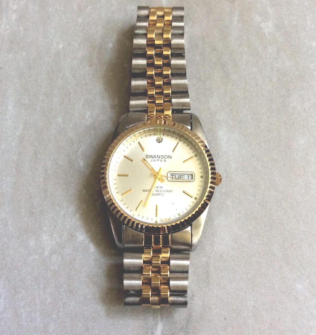 SWANSON Men's Watch Round Silver Dial Gold Index Hour Markers Day ...