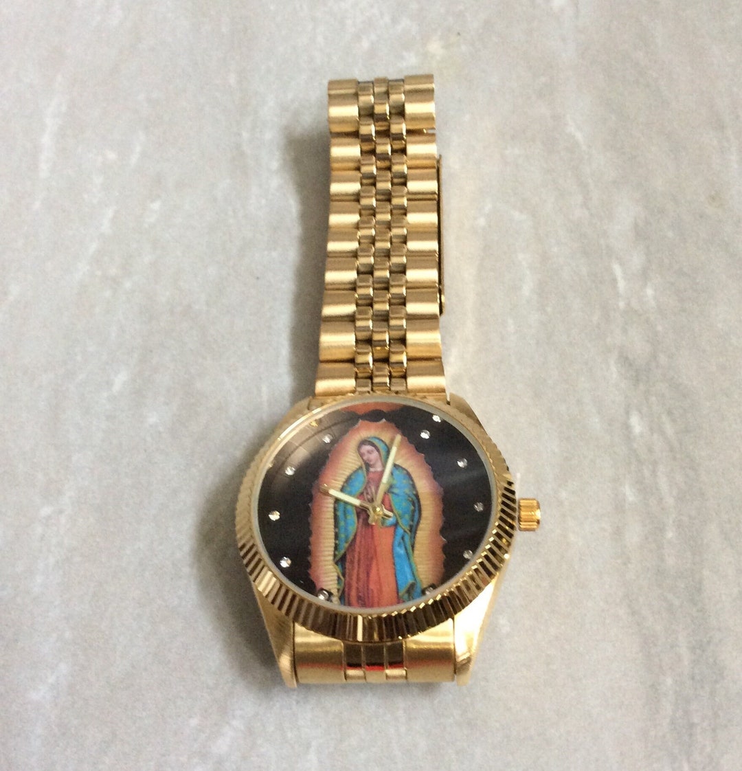 MIYKON Waterproof 5ATM Men's Gold Religious Watch Round Guadalupe ...
