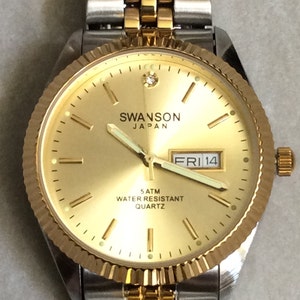 SWANSON Men's Waterproof Watch Round Gold Dial Index Hours Day & Date ...