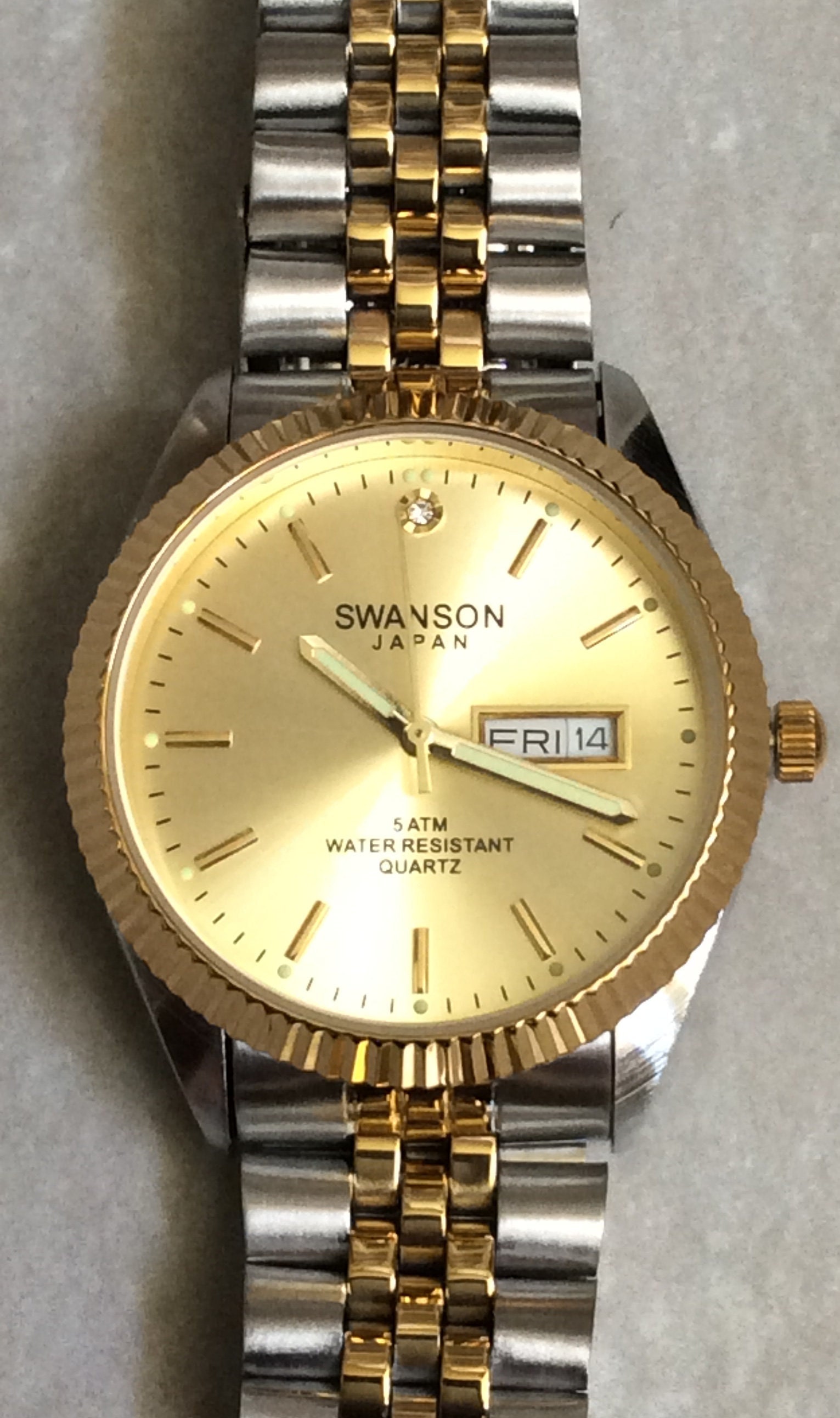 SWANSON Men's Waterproof Watch Round Gold Dial Index Hours Day & Date ...