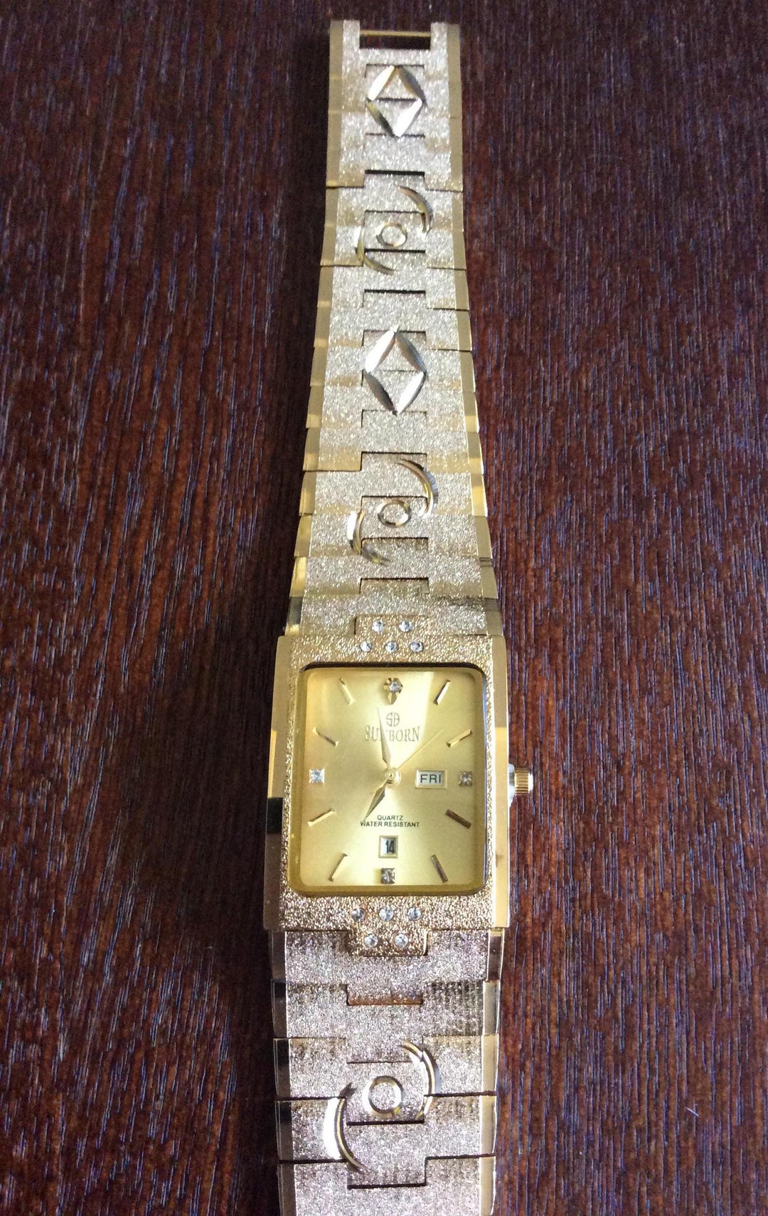 SUNBORN Men's Gold Watch Rectangle Gold Dial Crystal Accent Day & Date ...