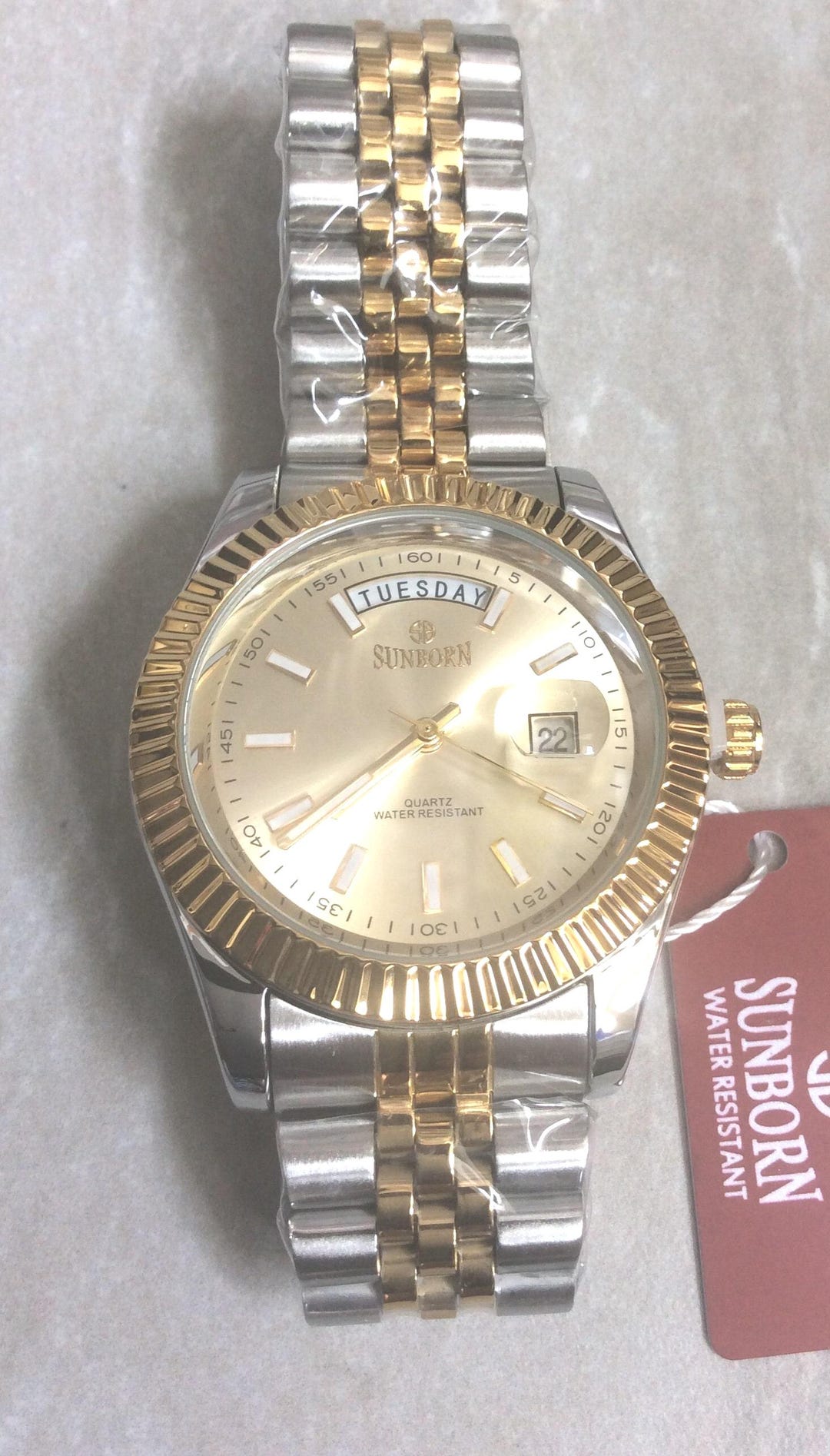 SUNBORN Men's Watch Round Gold Dial Day and Date Indicators Index Hour ...