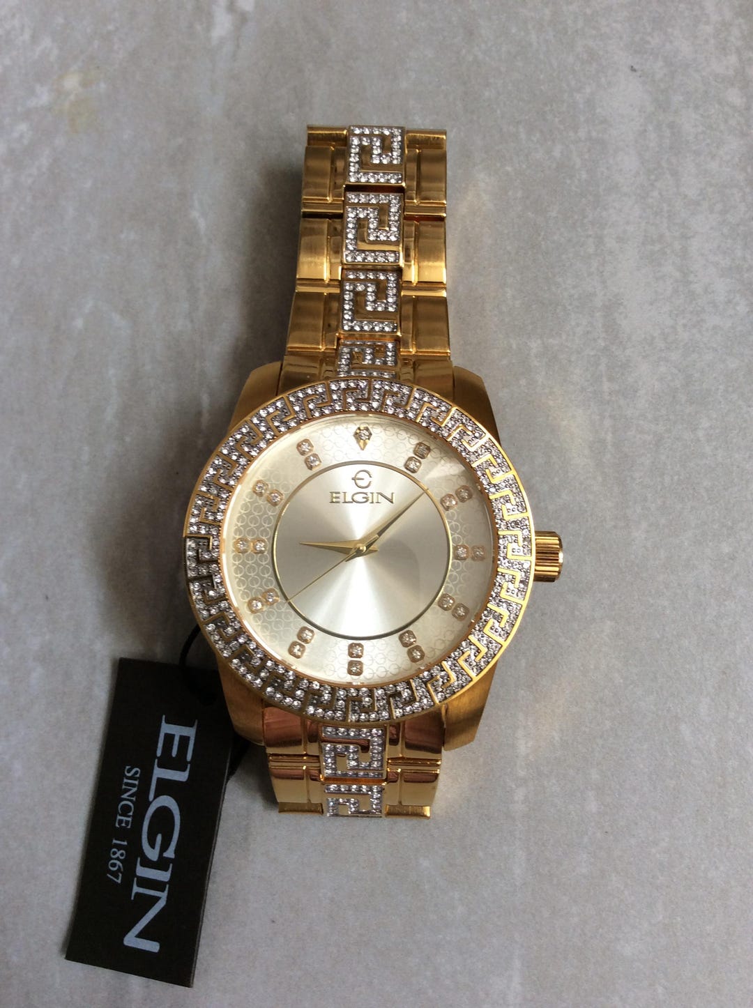 ELGIN Men's Crystal Watch Round Gold Dial Double Crystal Hour Markers ...