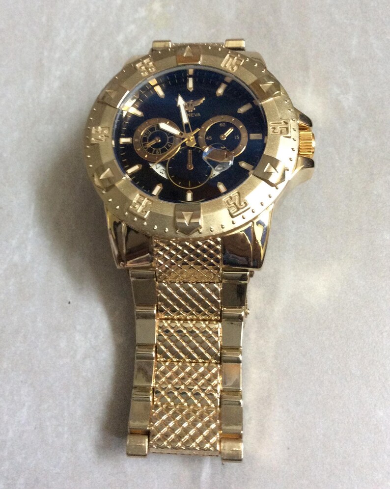 GENEVA GOLD AUTOMATIC Men's Watch Round Black Dial Index Hours and Day ...