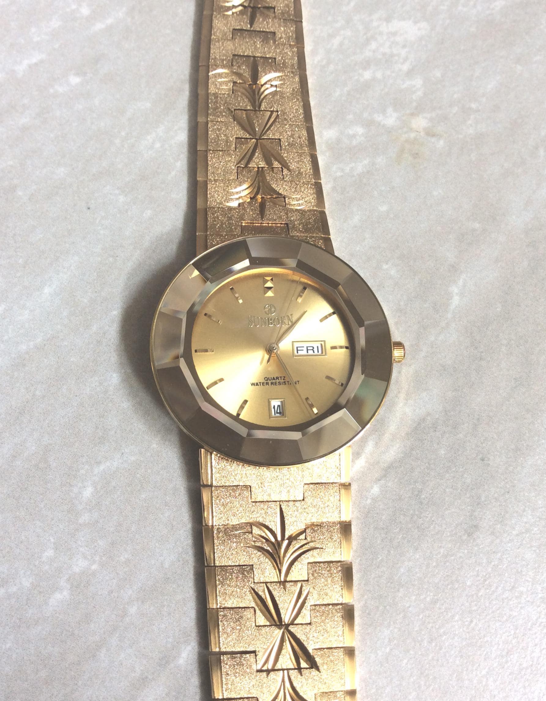 SUNBORN Crystal Men's Watch Round Gold Dial Index Hours Day & Date on ...