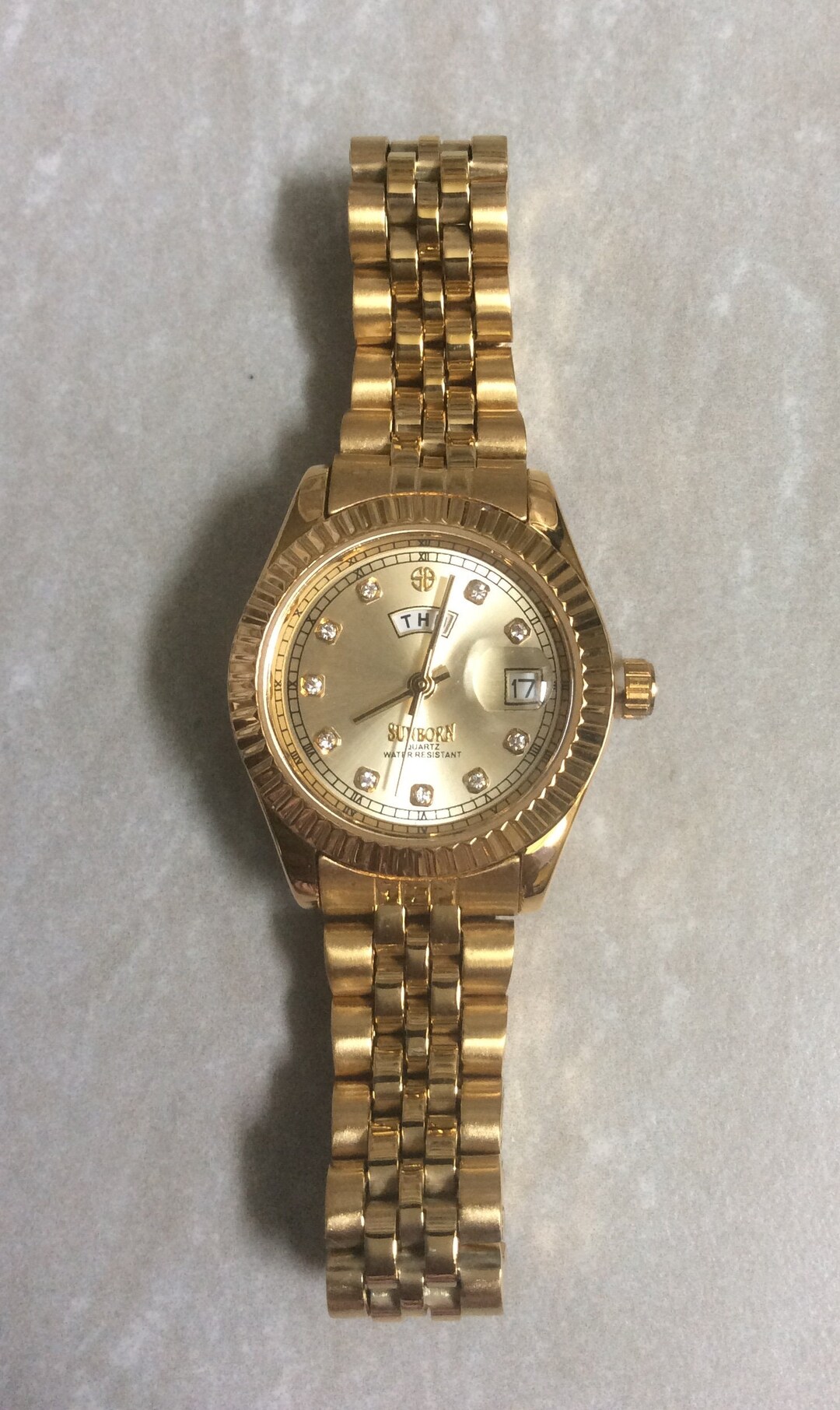 SUNBORN Women's Gold Watch Round Gold Dial Day & Date Gold Dial Crystal ...